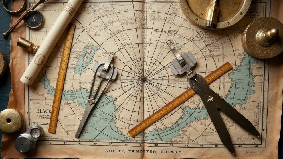 Vintage Nautical Map with Instruments on Rustic Table Stock Photo ...