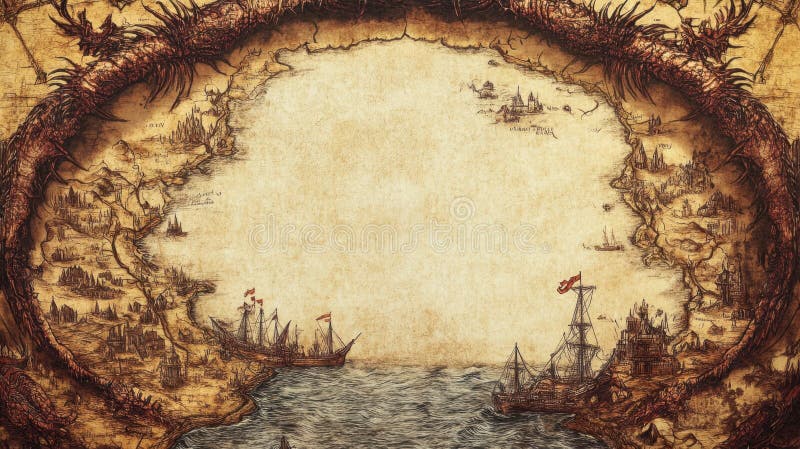 Vintage Nautical Map with Old Ships and Mythical Sea Creatures Stock ...