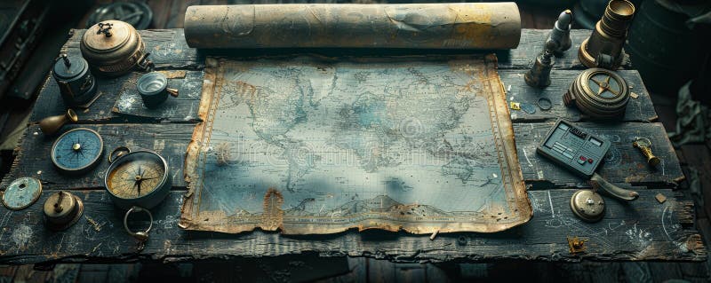 Vintage Nautical Map on Rustic Wooden Table with Compass Telescope and ...