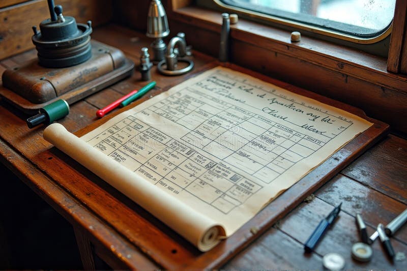 Vintage Nautical Navigation Chart on Rustic Wooden Desk in Ship Cabin ...