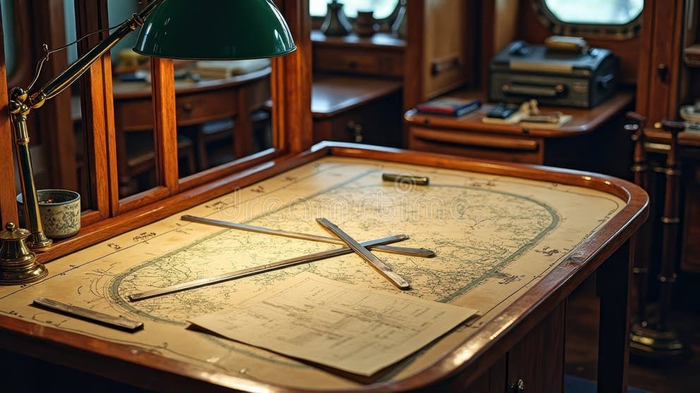 Vintage Nautical Navigation Desk with Maritime Maps and Tools in Wooden ...