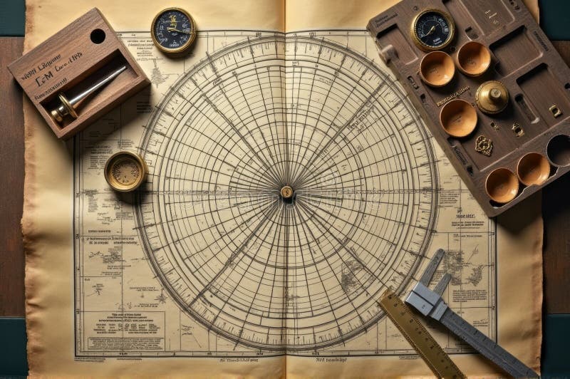 Vintage Nautical Navigation Tools on Ancient Map with Compass Rose and ...