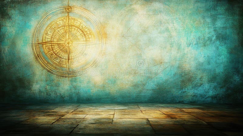 Vintage Nautical Room: Compass Rose on Textured Teal Wall with Rustic ...