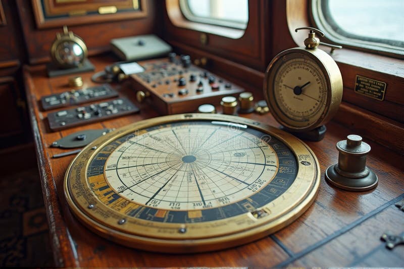 Vintage Nautical Ship Navigation Instruments on Wooden Maritime Control ...