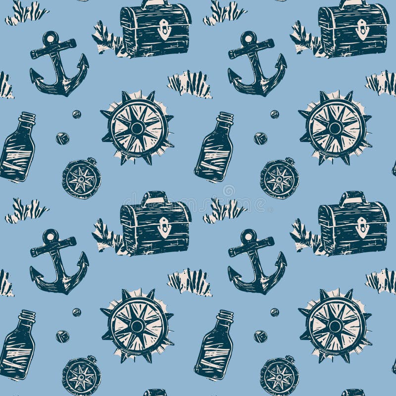 Vintage Nautical Treasure Map Elements on Blue Pattern. Hand-drawn ...
