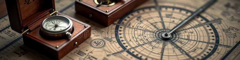 Vintage Navigation: Compass and Sundial on Nautical Map Stock Photo ...
