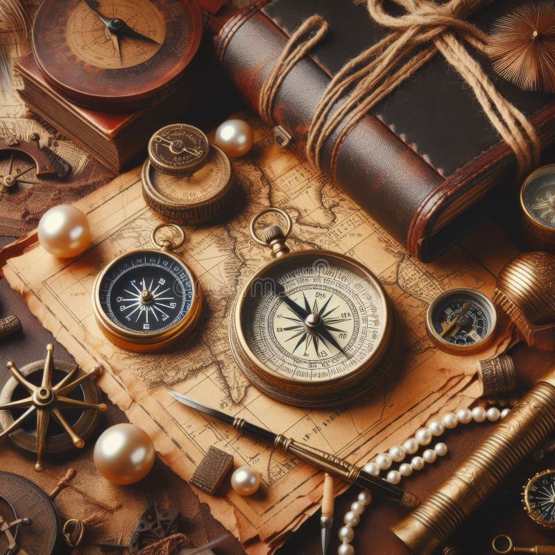 Vintage Navigational Tools on Antique Map Stock Image - Image of marine ...