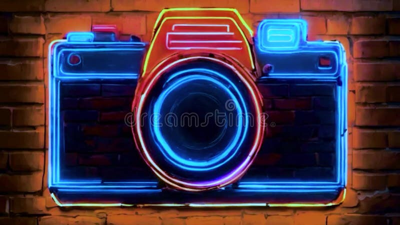 Vintage neon camera stock video. Video of gadget, signage - 329126445