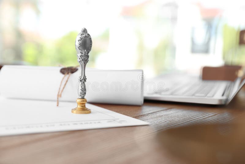 Vintage Notary Stamp and Documents on Desk with Space for Text Stock ...