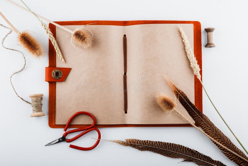 Vintage Notepad with Crafted Pages. the Composition of Feathers and ...
