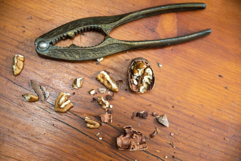 Vintage Nut Cracker with Pecan Nuts on a Wood Table Stock Image - Image ...