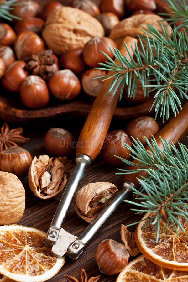 Composition with Christmas Nuts and Vintage Nutcracker Stock Photo ...