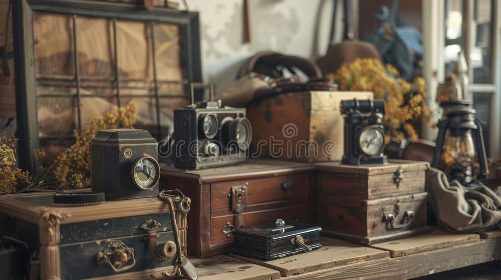 Vintage Objects on a Rustic Table in a Cozy Interior Stock Photo ...