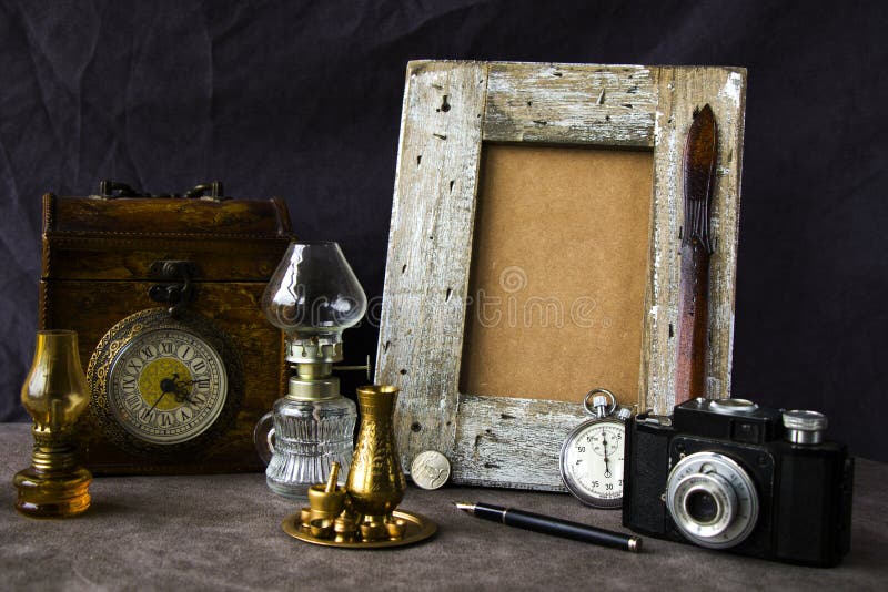 Vintage Objects on the Table, Old Box, Lamp, Clock, Pen, and Other ...