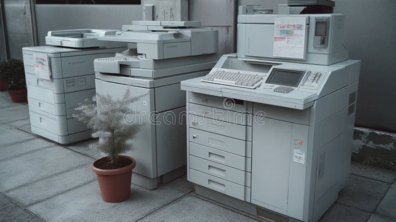 Vintage Office Copiers and Printers with Potted Plant Outdoors Stock ...