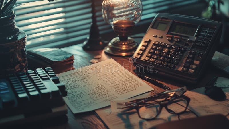 Vintage Office Desk with Documents and Old Calculator Stock Image ...