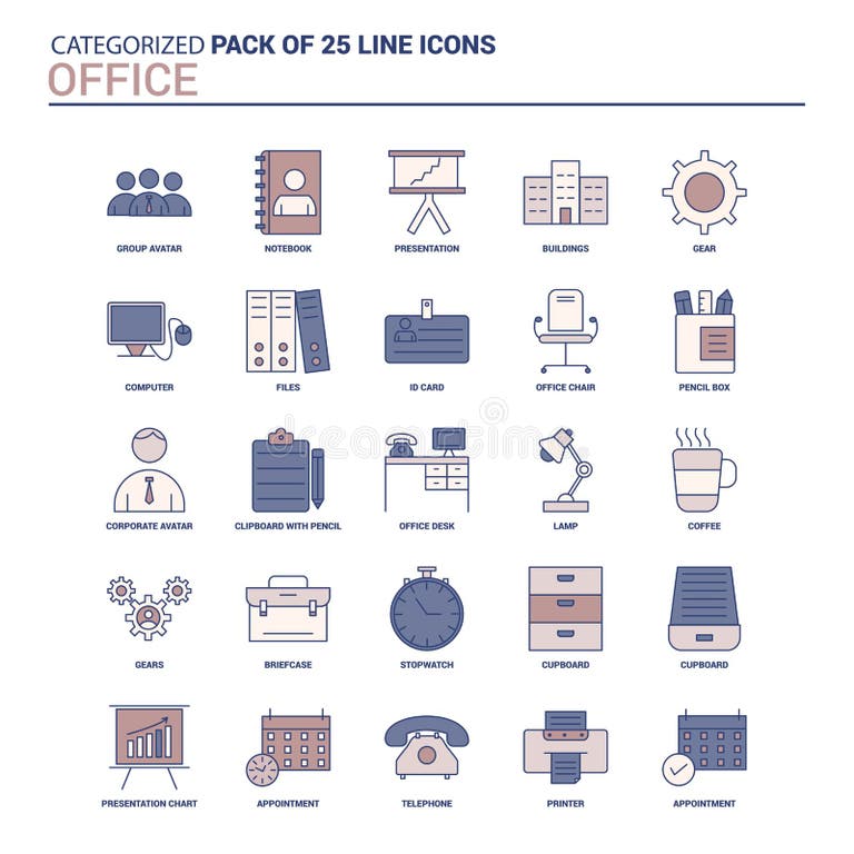 Vintage Office Icon Set - 25 Flat Line Icon Set Stock Vector ...