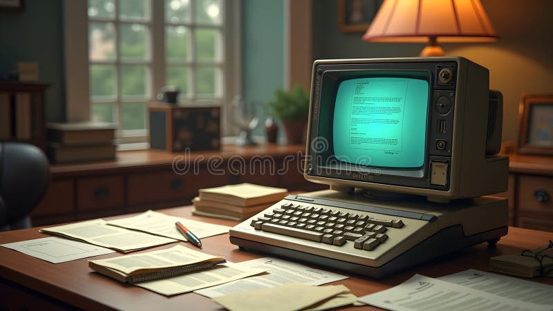 Vintage Office Scene with Old Computer Surrounded by Paper Documents ...