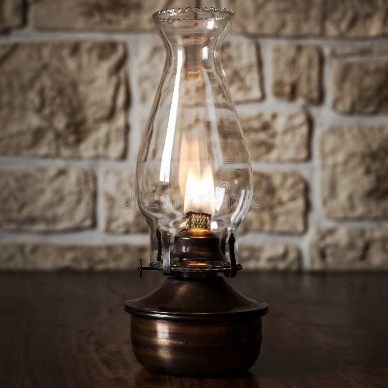 Vintage Oil Lamp on Wooden Table Stock Photo - Image of equipment, camp ...