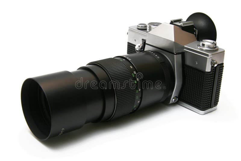 Vintage Old Film Camera with Tele Lens Stock Photo - Image of mirror ...
