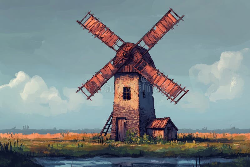 Vintage Old Oil Painting of a Windmill. Generative AI. Stock ...