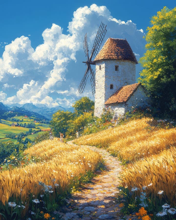 Vintage Old Oil Painting of a Windmill. Generative AI. Stock ...