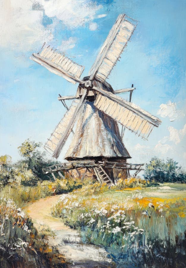 Vintage Old Oil Painting of a Windmill. Generative AI. Stock ...