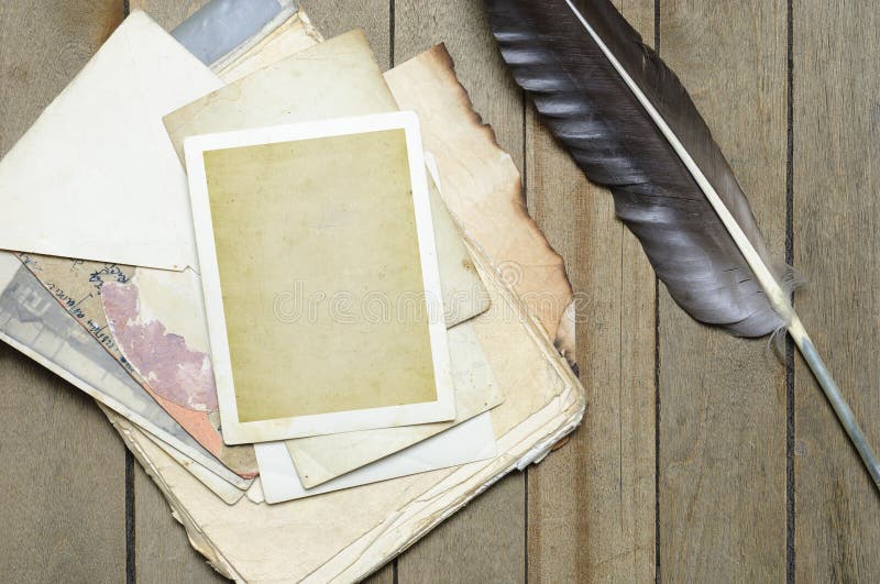 Old Paper, Quill Pen and Scroll on Wooden Table Stock Photo - Image of ...