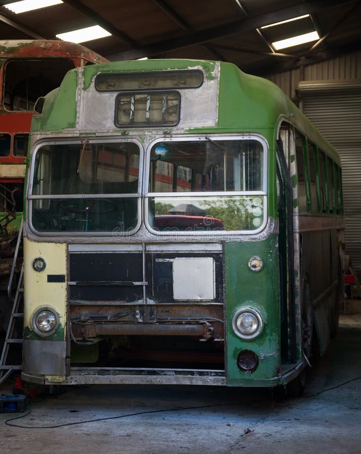 Vintage Old Retro Green Bus in Garage Stock Image - Image of devon ...