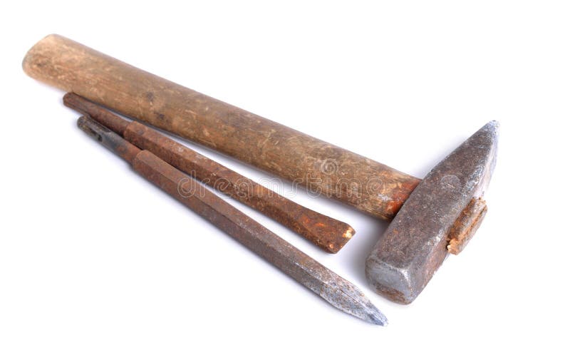 Vintage Old Rustic Claw Hammer with Chisel. Isolated Stock Photo ...