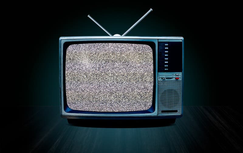 Vintage Old Television Receiver with Snow Signal and Antenna on Table ...