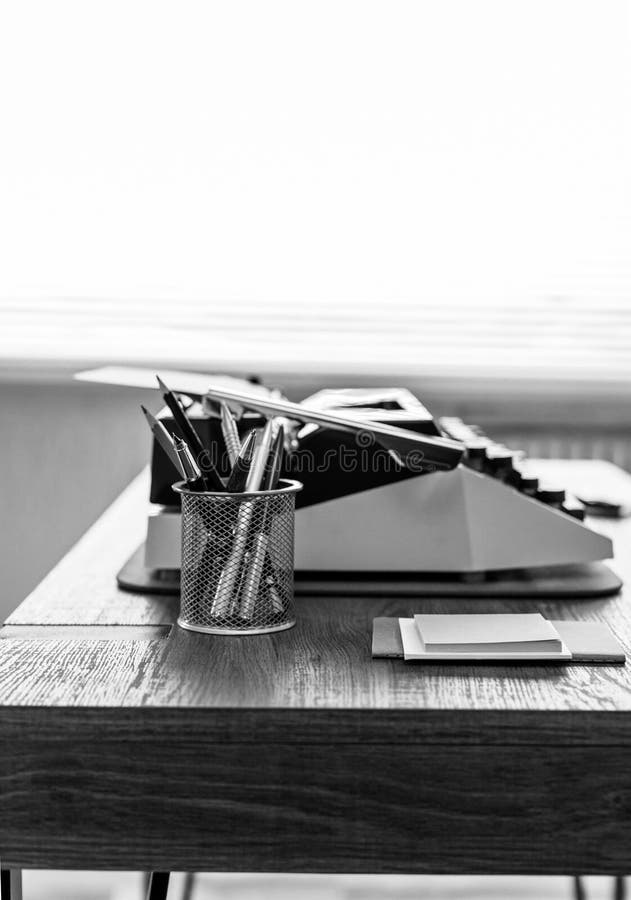 Vintage Old Typewriter at Wooden Desk Table. Writer or Screenwriter ...