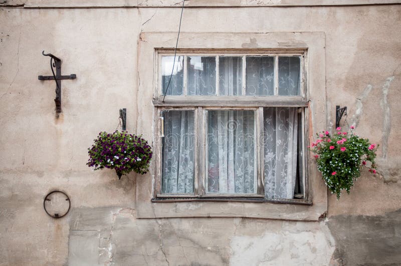 Vintage Old Window with Flowers Stock Image - Image of flowers, retro ...