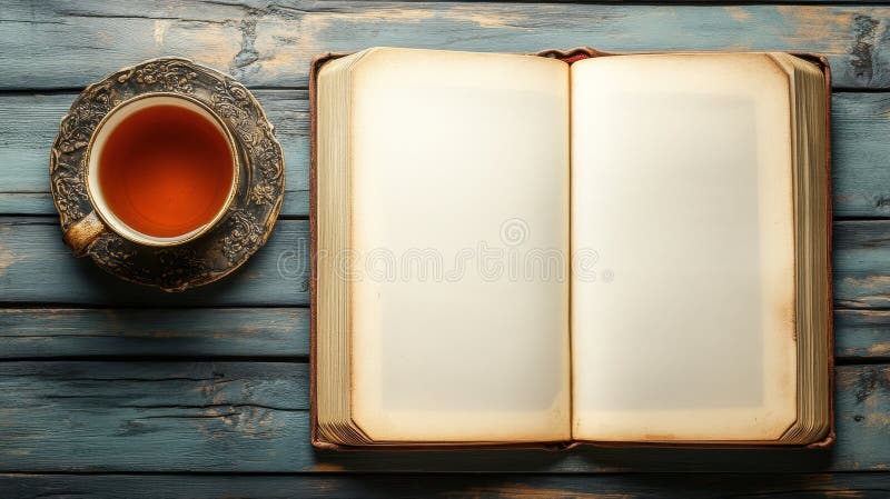 Vintage Open Book and Tea Cup on Rustic Wooden Table Stock Photo ...