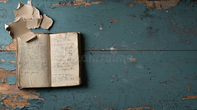 Vintage Open Book on a Worn Wooden Table Showing Handwritten Notes ...