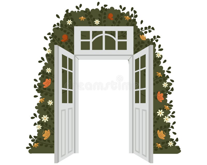 Vintage Open Doors with Greenery and Flowers. Background for Invitation ...