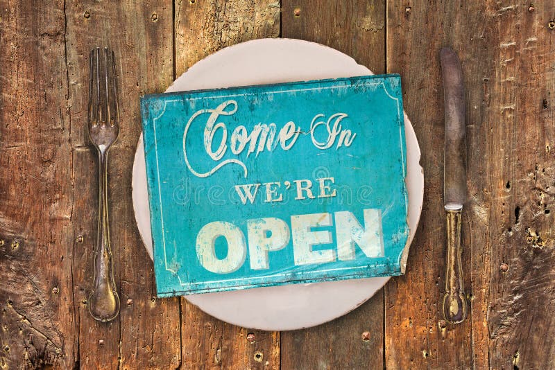 Vintage Open Sign on a Dinner Plate Stock Photo - Image of meal, sign ...