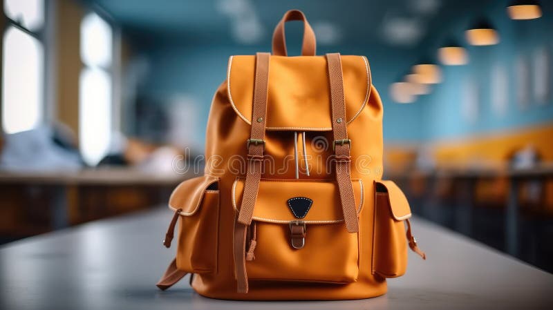 Vintage Orange Backpack with School Supplies on Table in Class Room ...