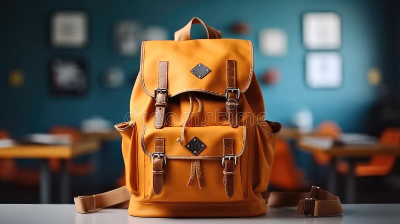 Vintage Orange Backpack with School Supplies on Table in Class Room ...