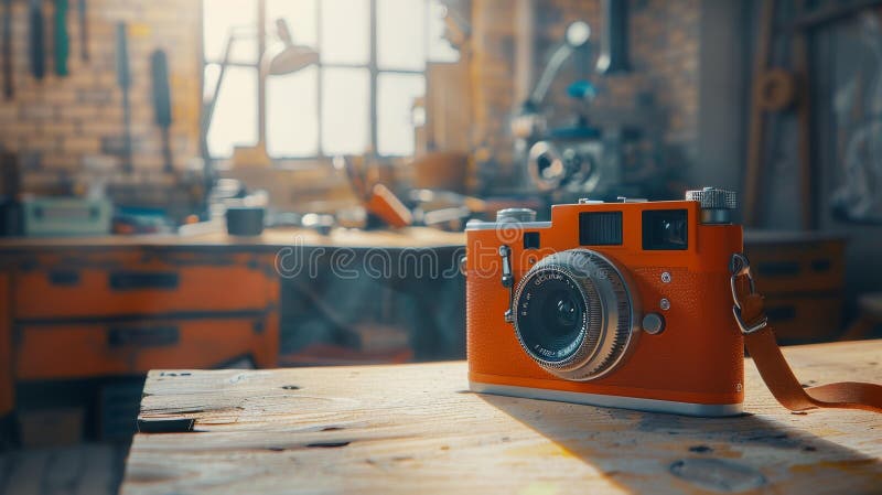 Vintage Orange Camera in Workshop Setting, Generative AI Stock Photo ...