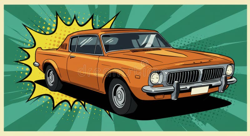 Vintage Orange Car in Pop Art Style with Comic Book Explosion ...