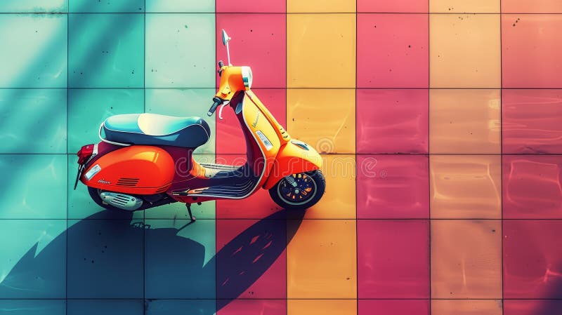 A Vintage Orange Scooter Parked in Front of a Colorful Striped Wall ...