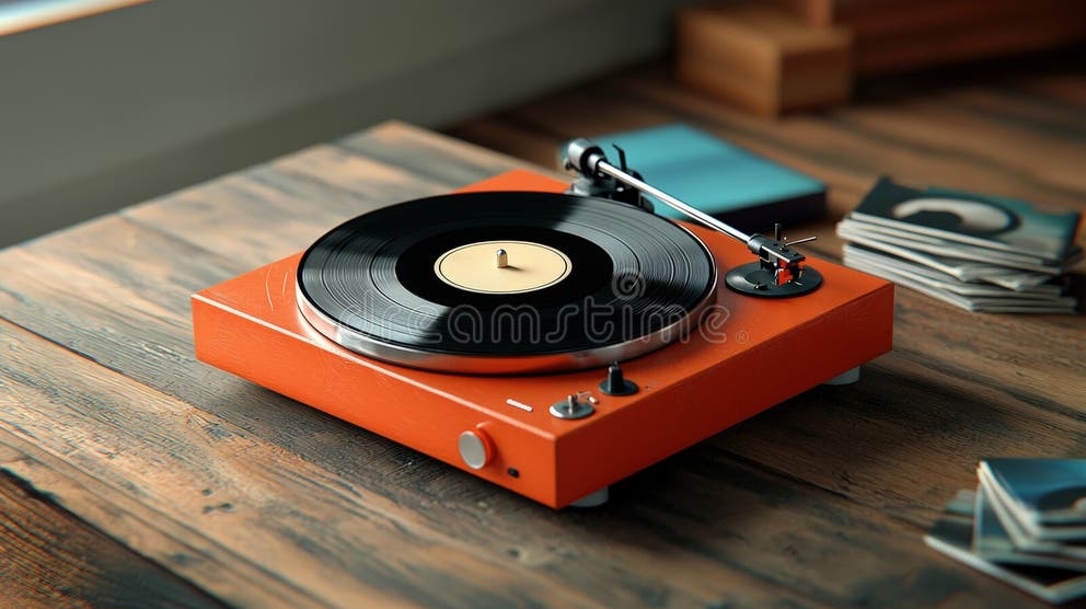 Vintage Orange Turntable on Rustic Wood Surface Stock Illustration ...