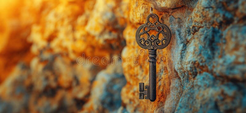 Vintage Ornate Key Hanging on Textured Rock Surface with Warm Lighting ...