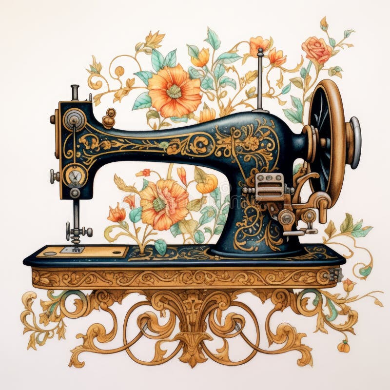 A Vintage Ornate Sewing Machine With Flowers Generative Ai Stock