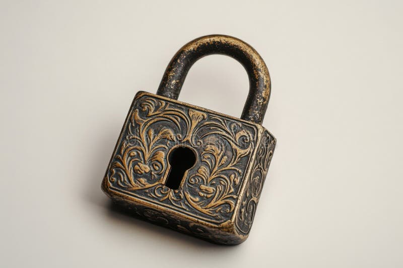A Vintage Padlock with Intricate Designs Displayed on a Neutral ...