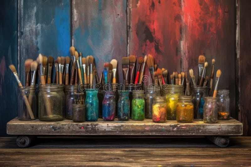 Vintage Paintbrushes and Pigments on Wooden Table Stock Photo - Image ...