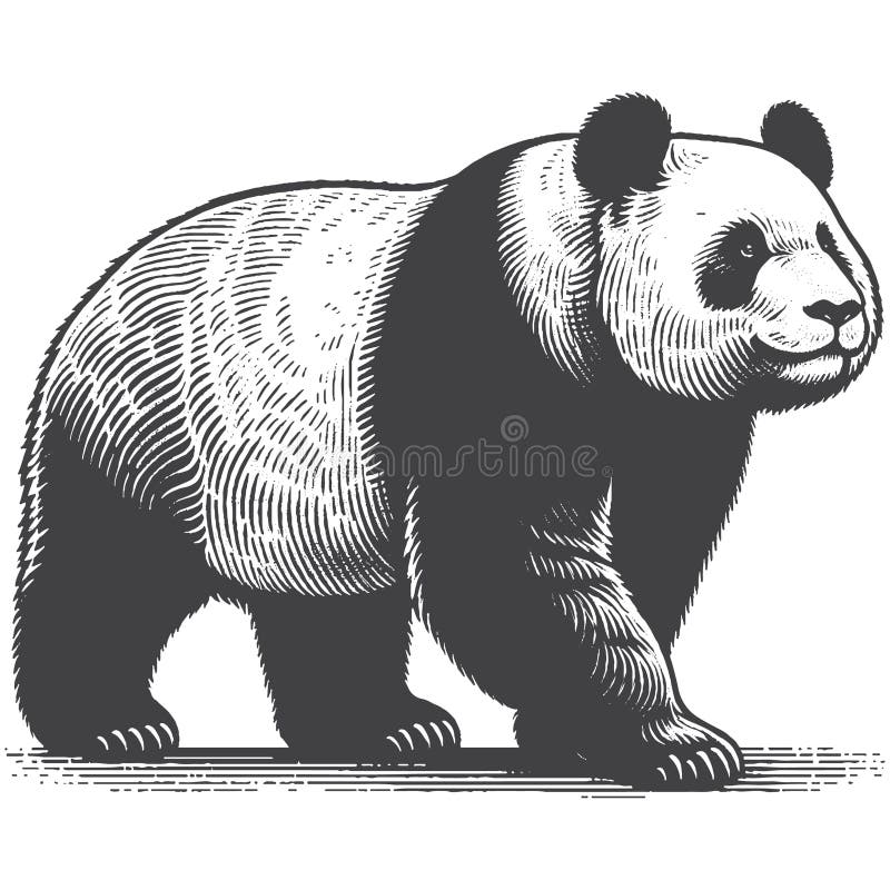 Vintage Panda Full Body Side View Engraved Illustration. Stock Vector ...