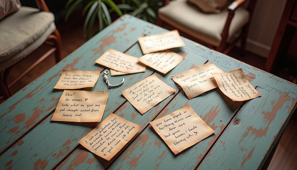 Vintage Paper Notes with Heartfelt Messages on Rustic Table ...