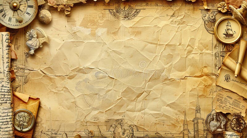 Vintage Paper Texture Background with Compass, Old Clock, and Antique ...
